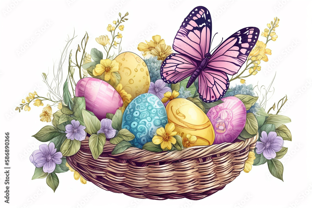 Beautiful spring composition with flowers, easter eggs and a butterfly ...