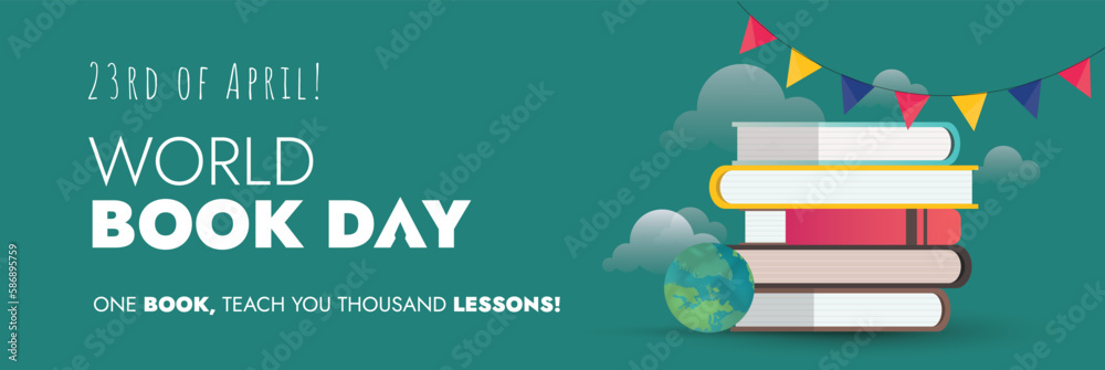 Vetor World book day. Happy World book day 2023 celebration cover with pile of books and a globe ...