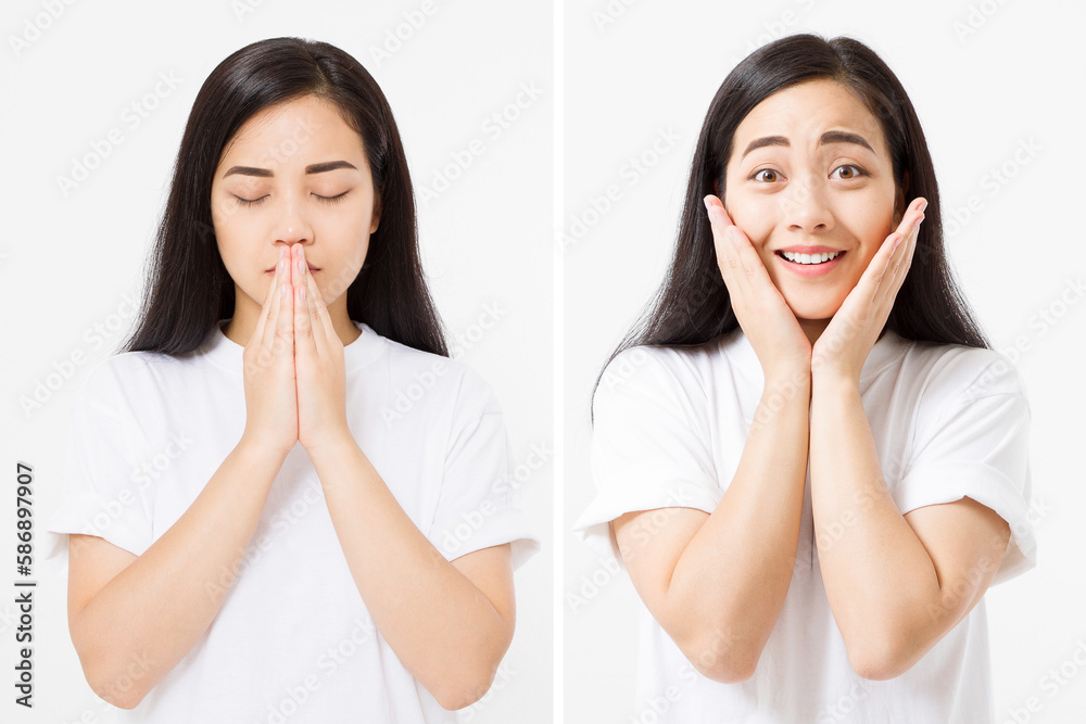 Before after Praying happy asian woman isolated. Young female prayer ...