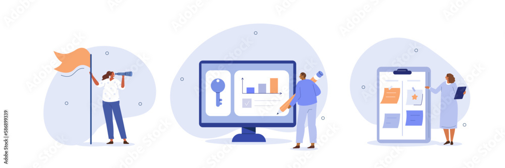 Performance management illustration set. Characters setting goals and ...