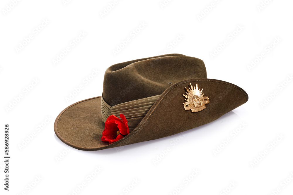 Anzac Day army slouch hat with red poppy isolated on white background ...