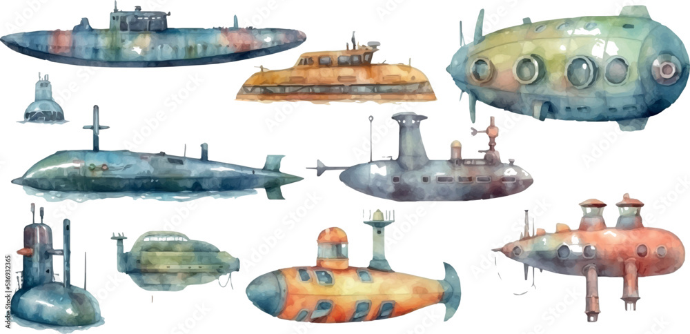 Watercolor cute cartoon kids submarine. watercolor illustration of a ...