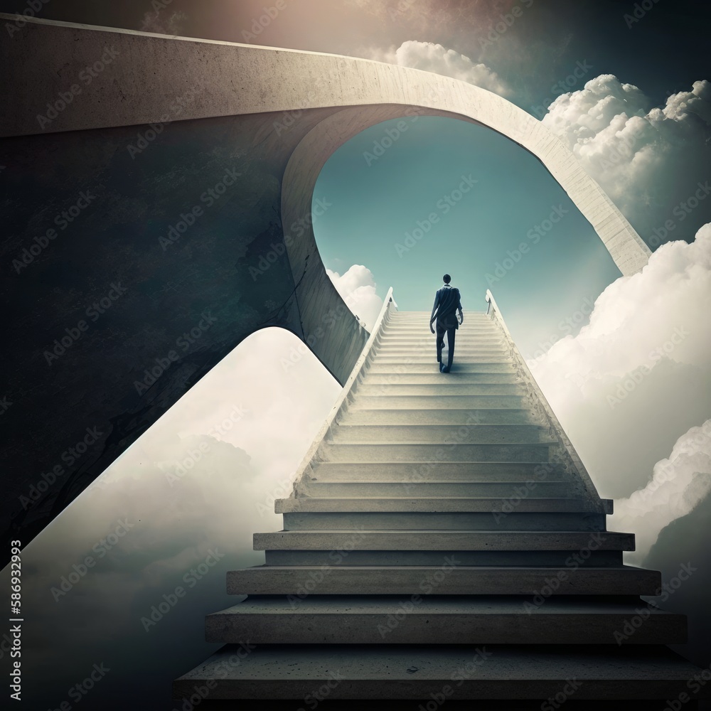 Silhouette of a man climbing the stairs to success. Man climbing staircase to heaven. Man ...