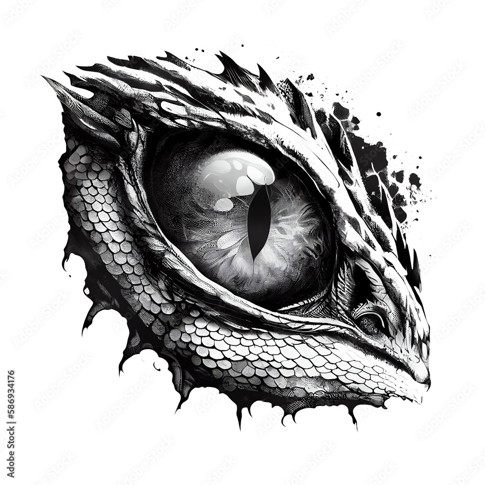 Ilustração Black and white pencil sketch of reptilian or dragon eye ...