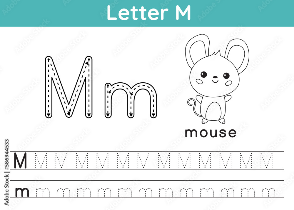 Alphabet ABC, a-z exercise. Coloring page. Trace letter M. Vocabulary ...