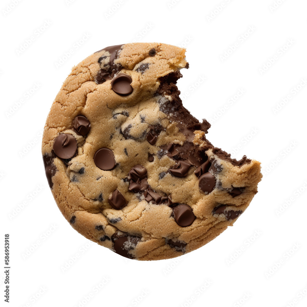 a single chocolate chip cookie with a single bite taken out of it, png ...