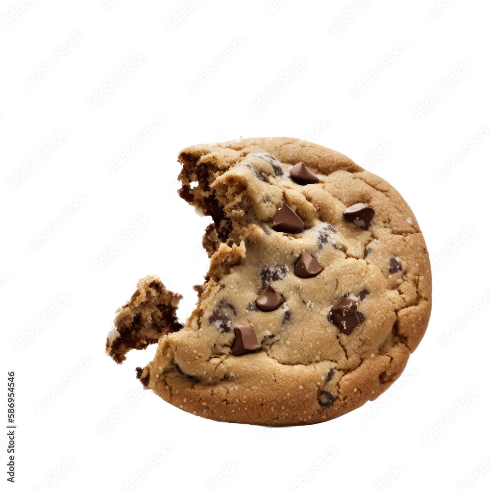 a single chocolate chip cookie with a single bite taken out of it, png ...