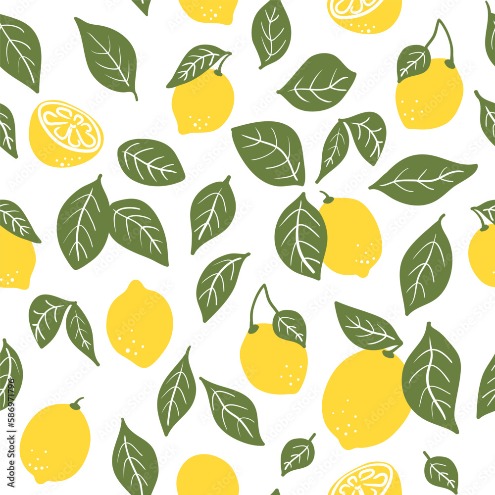 Tropical seamless pattern with yellow lemons and lemon slices. Hand ...