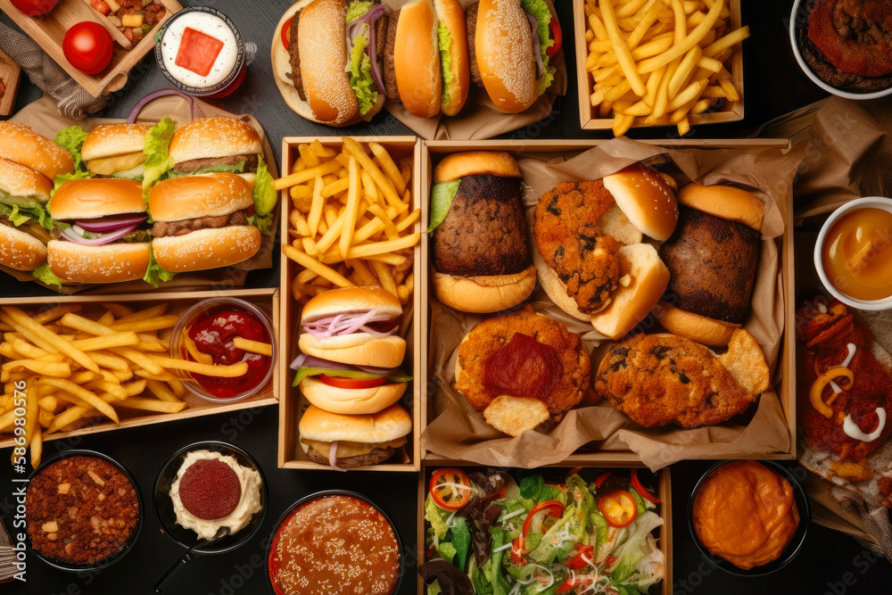 Table full of fast food: hamburgers, fries, cheese balls, burgers, and ...