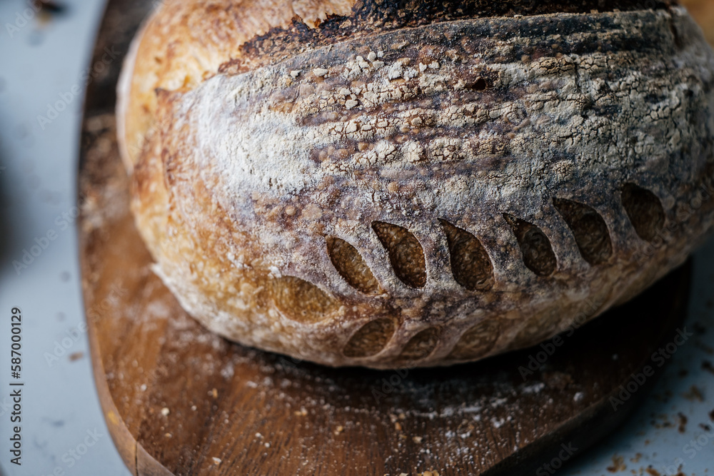 Artisan Batard Sourdough healthy Bread with leaf scoring. Open crumb ...