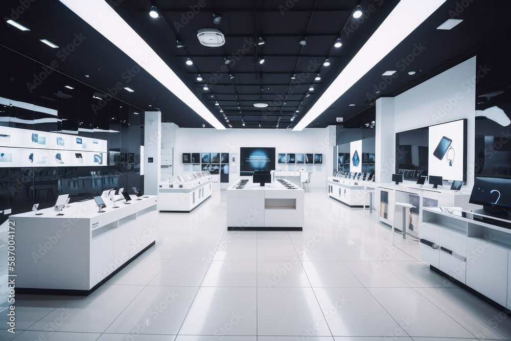 Illustration Stock Modern Contemporary Interior of a Consumer Electronics Store with a Sleek Design and a Futuristic Vibe. Generative AI Adobe Stock
