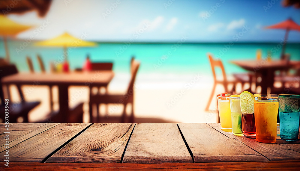Wooden table and glasses with cocktails in the foreground and soft focus summer beach and a bar ...