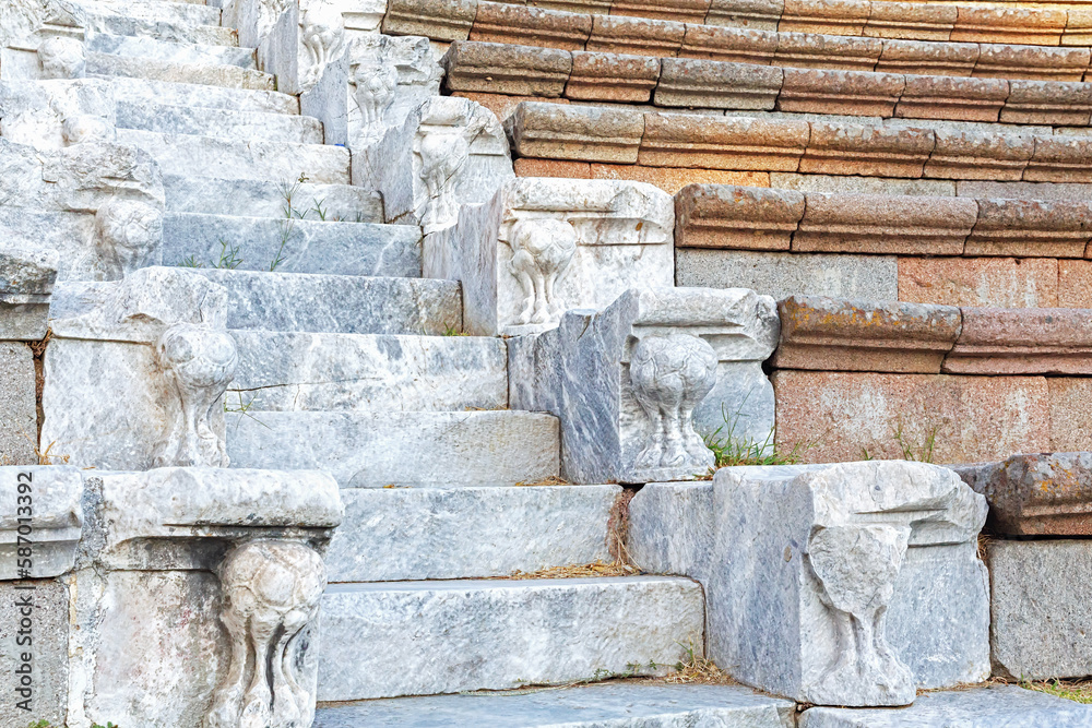 Marble steps in the Odeon, ancient theater ruins. Close up. Ascleion of ...