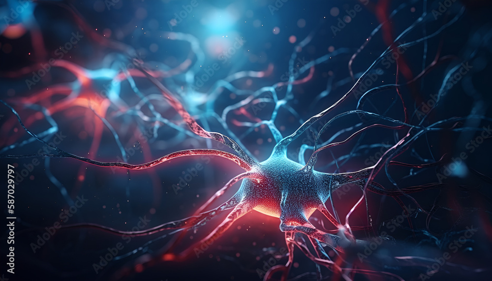 Conceptual illustration of neuron cells with glowing link knots. Blue ...