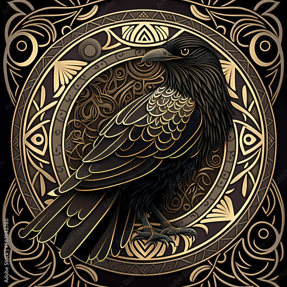 Black crow with golden feathers. Raven from Celtic mythology. Hugin ...