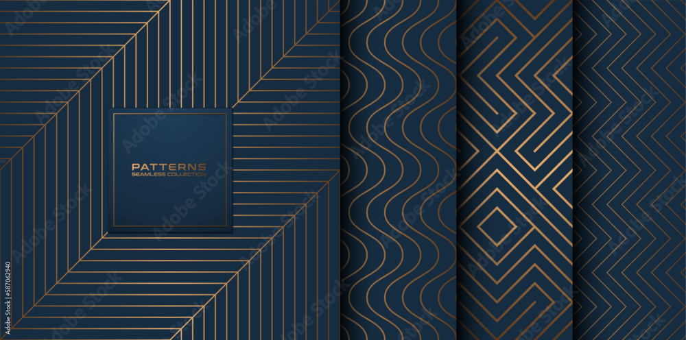 Collection of seamless geometric golden blue minimalistic patterns. Simple vector graphic navy ...