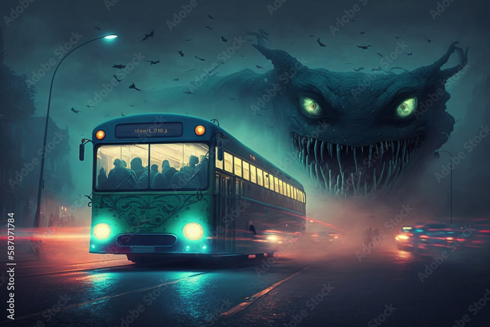 Horrible alien monster creature chasing a bus during a foggy night ...