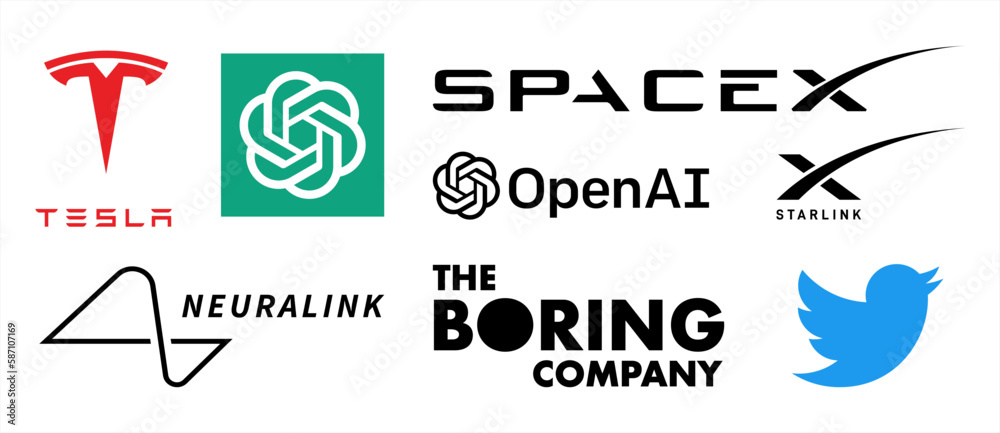 Elon Musk companies logo set. Tesla, ChatGPT, OpenAI, SpaceX, The ...