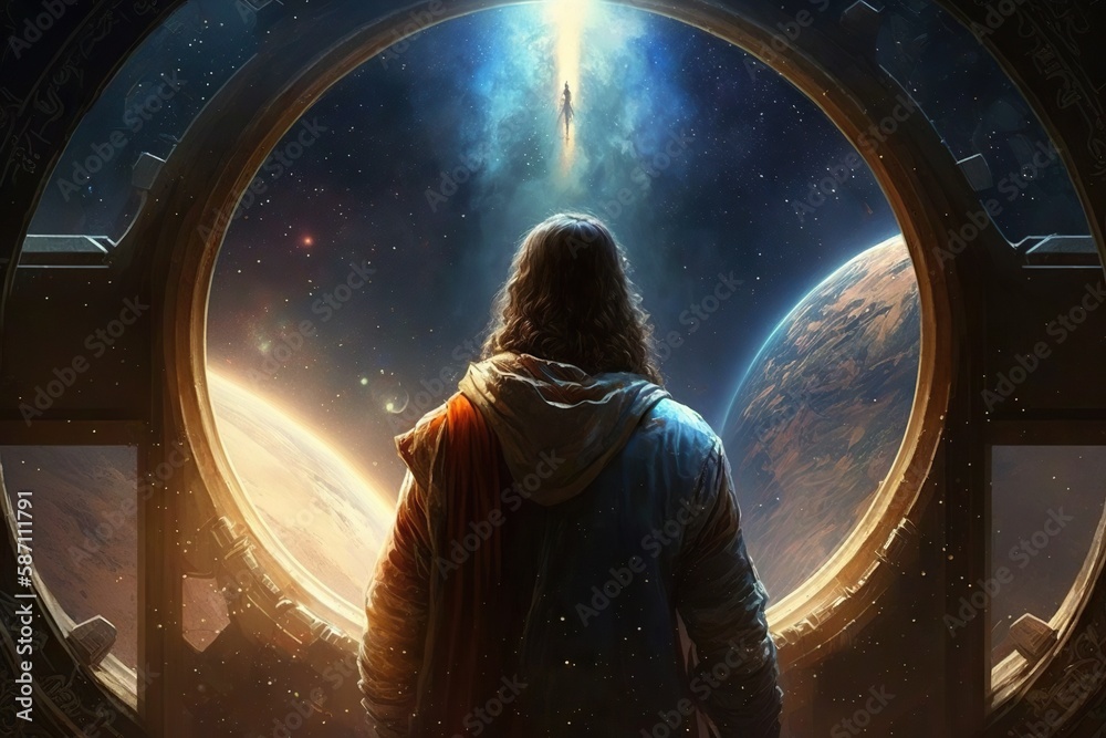 Jesus as the savior on a spaceship looking out at the earth, created ...