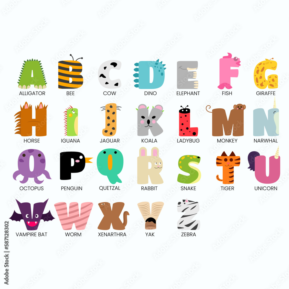 Cute and colorful animal alphabet. Learn to read letters. From A to Z ...