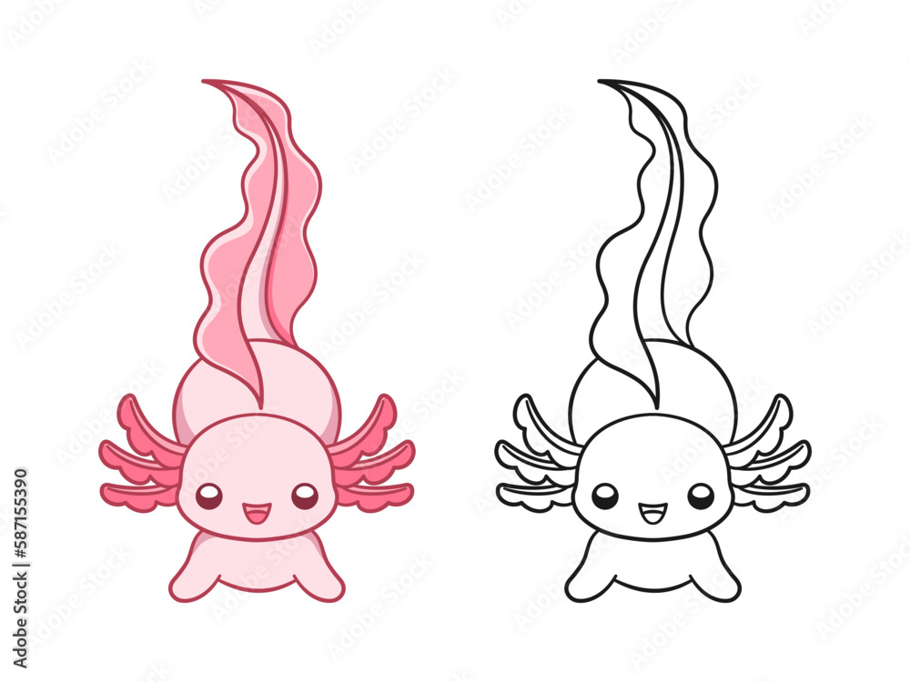 Happy axolotl cartoon colored and line art vector illustration set ...