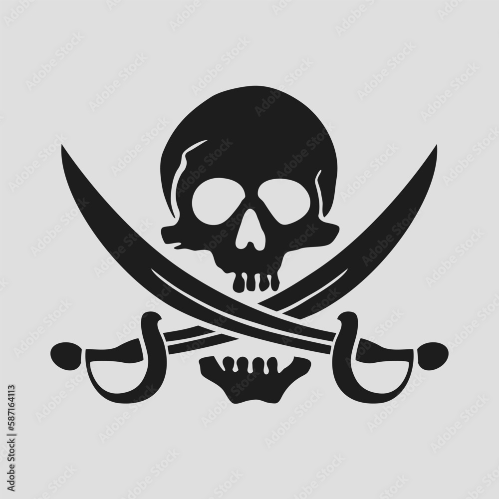 Skull over crossed sabers. Jolly Roger, flag, pirate symbol. Black mark ...