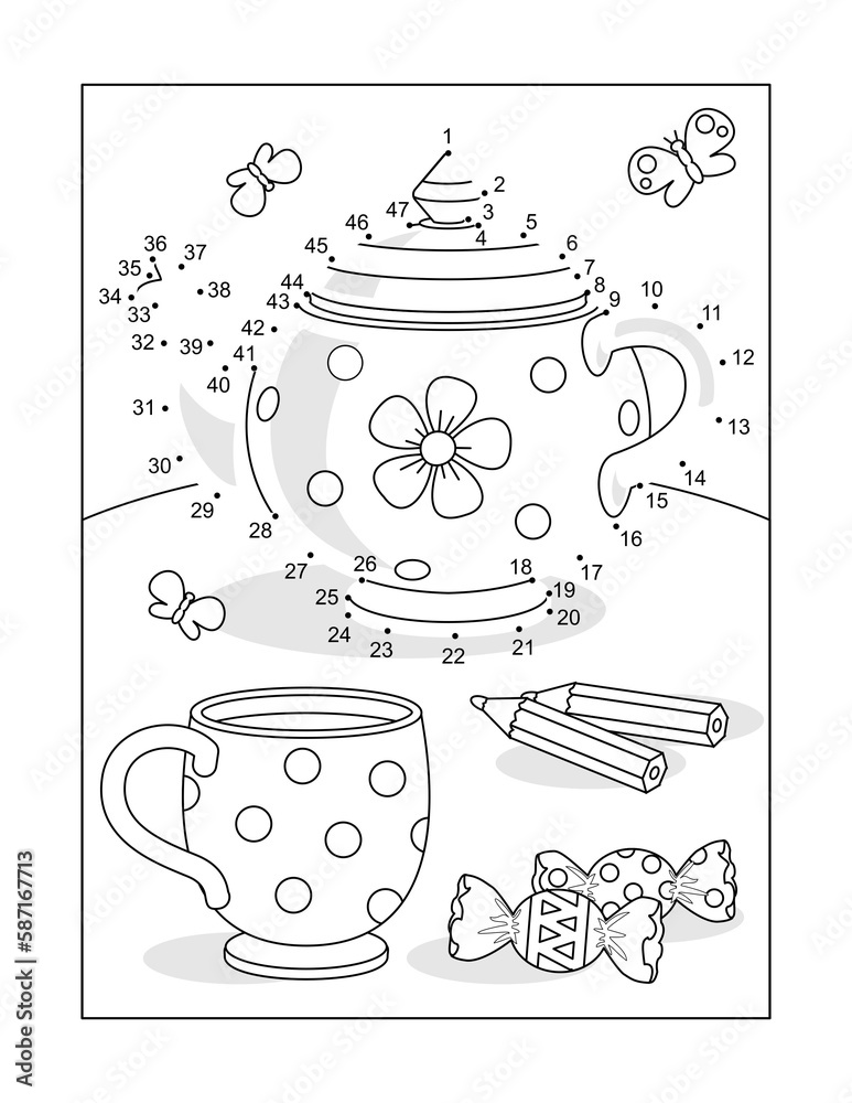 Tea pot dot-to-dot activity sheet Stock Illustration | Adobe Stock