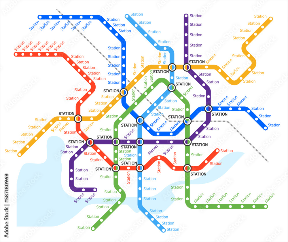 Metro underground, subway transport system map, vector plan with city ...