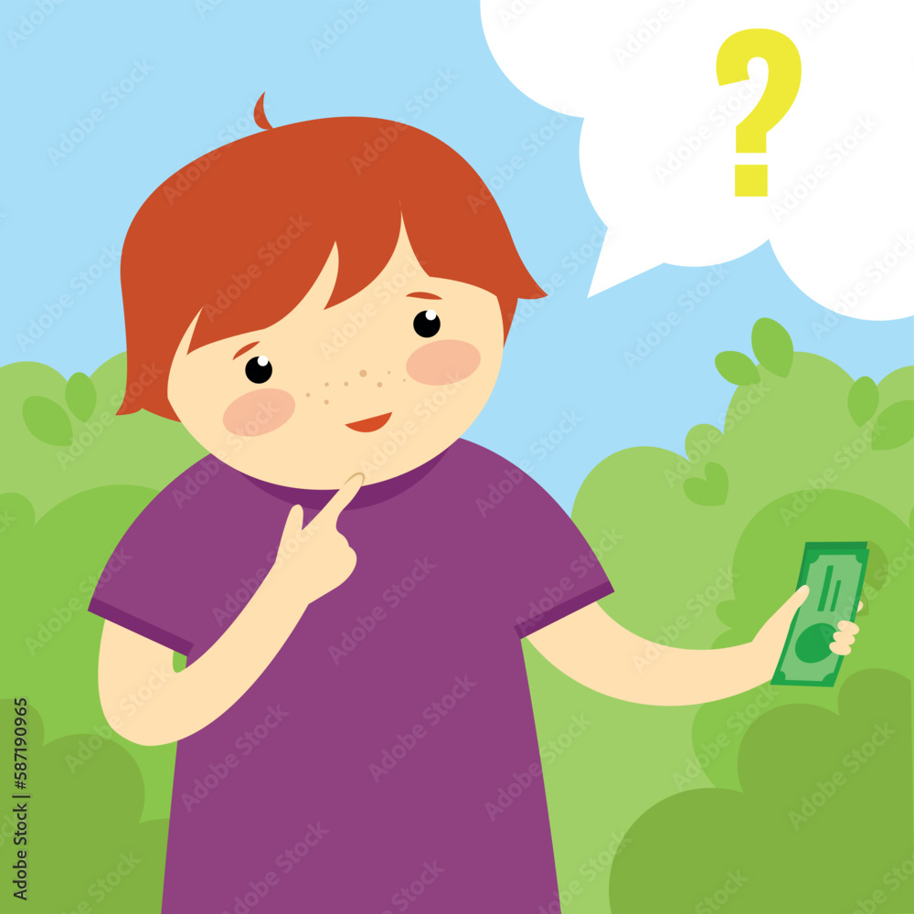 Cute boy with money and question mark. Vector cartoon illustration ...