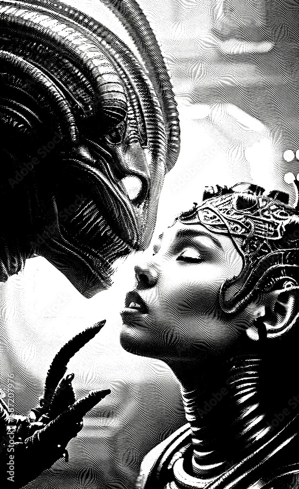 alien creature kiss a woman cyborg, artwork with engraving effect ...