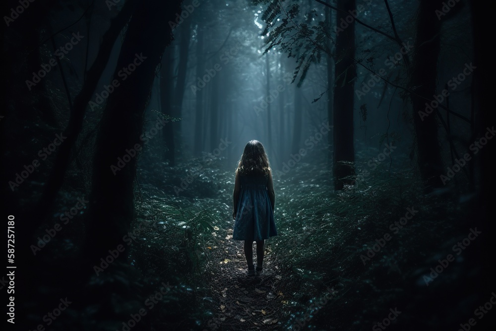 little girl walking In the dark mystery forest, back view. seemingly lost and alone in the ...