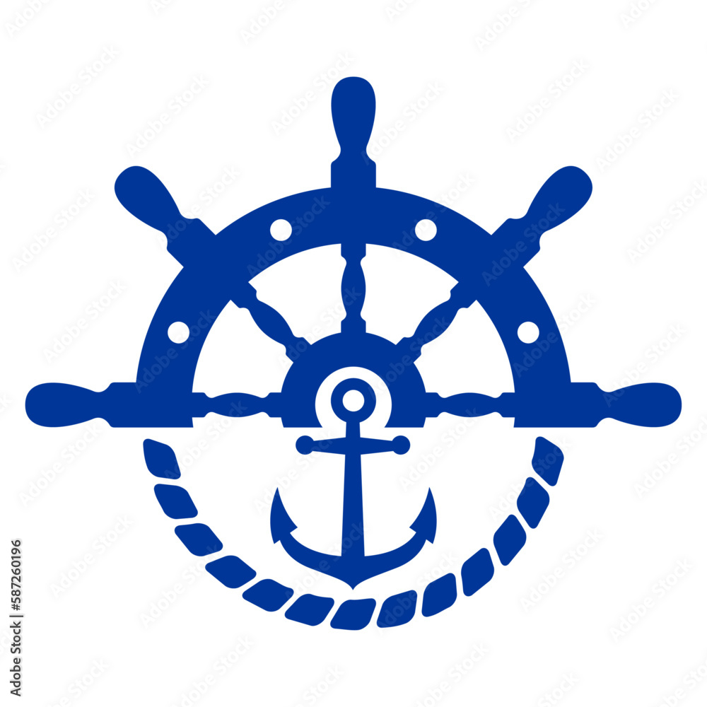 Logo nautical. Silueta de timón y ancla de barco con círculo de cuerda ...