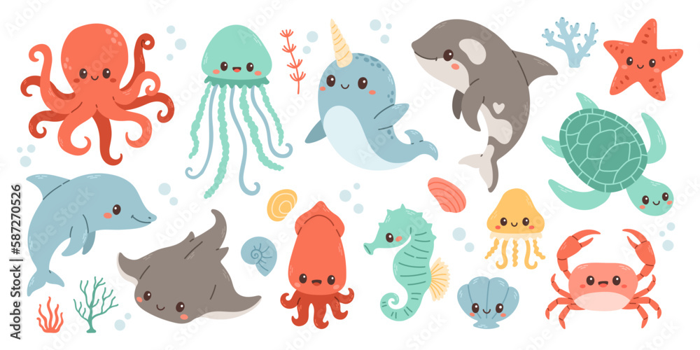 Set with hand drawn sea life elements. Vector doodle cartoon set of ...