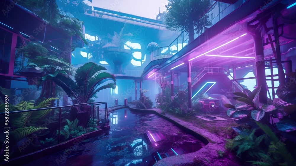 Cyberpunk wallpaper of futuristic cityscape. Blue purple neon lights ...