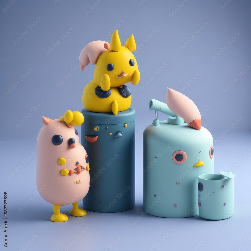 Chickens,trash can.Tiny cute isometric cylinder-shaped robot, happy ...