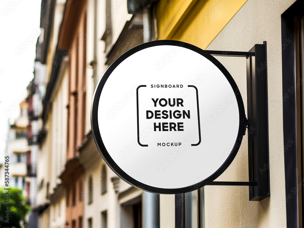 Circle round white signboard on the wall outdoor, mock up for logo ...