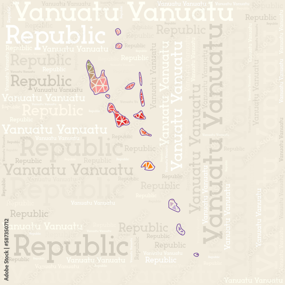 Vanuatu map design. Country names in different languages and map shape ...