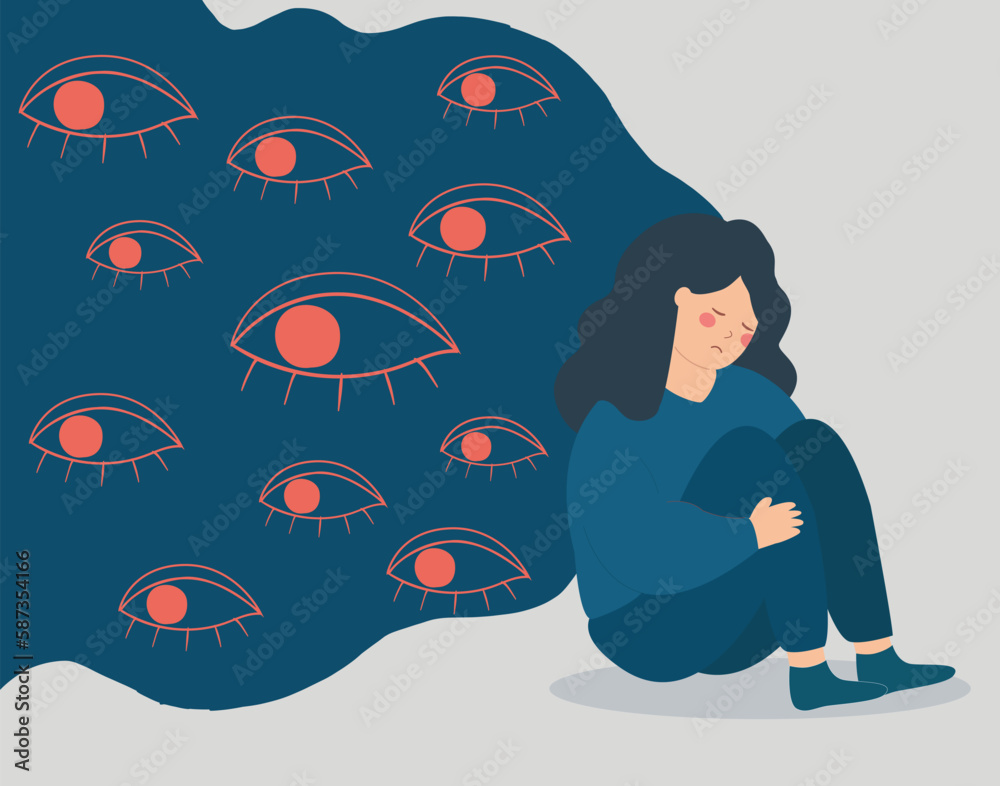 Sad woman surrounded by big evil eyes, feels helpless and overwhelmed. Teenage girl suffers from ...