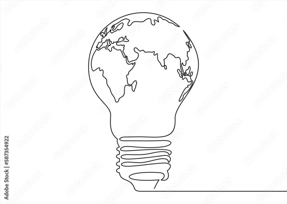 Vector de Stock continuous line drawing of planet earth as light bulb ...