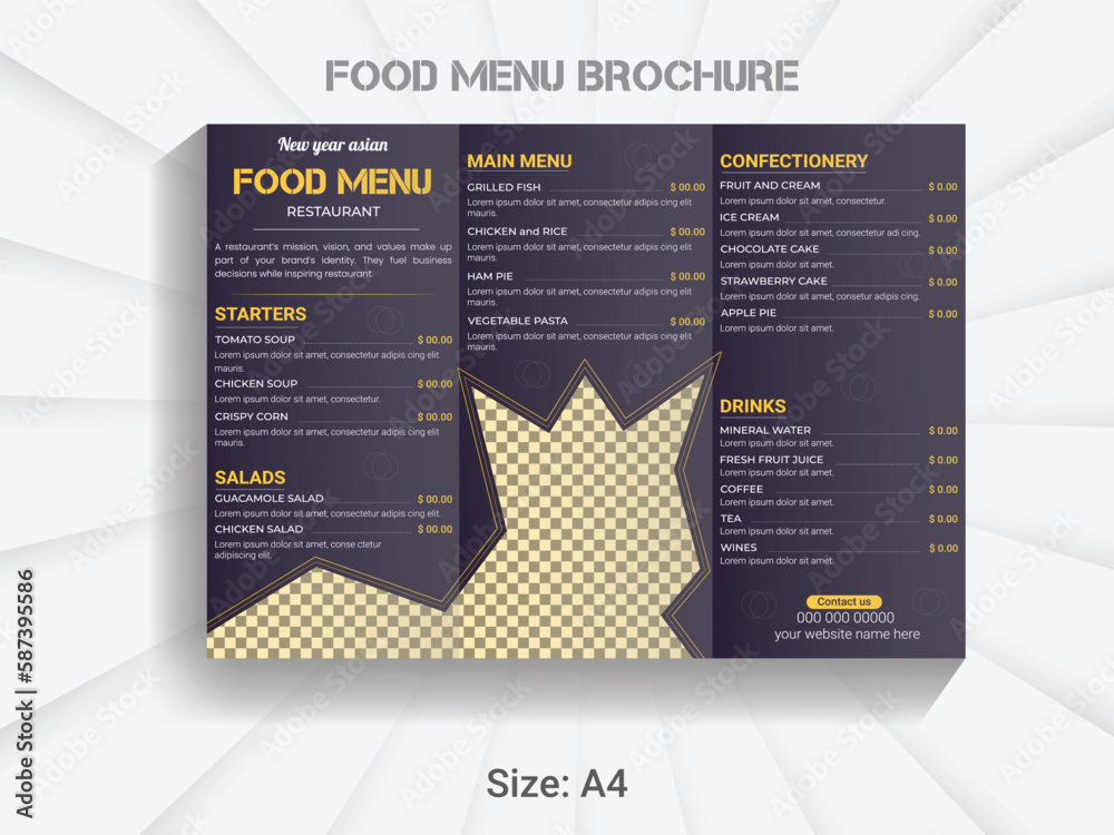 A4 size trifold brochure food menu template. modern vector restaurant ...