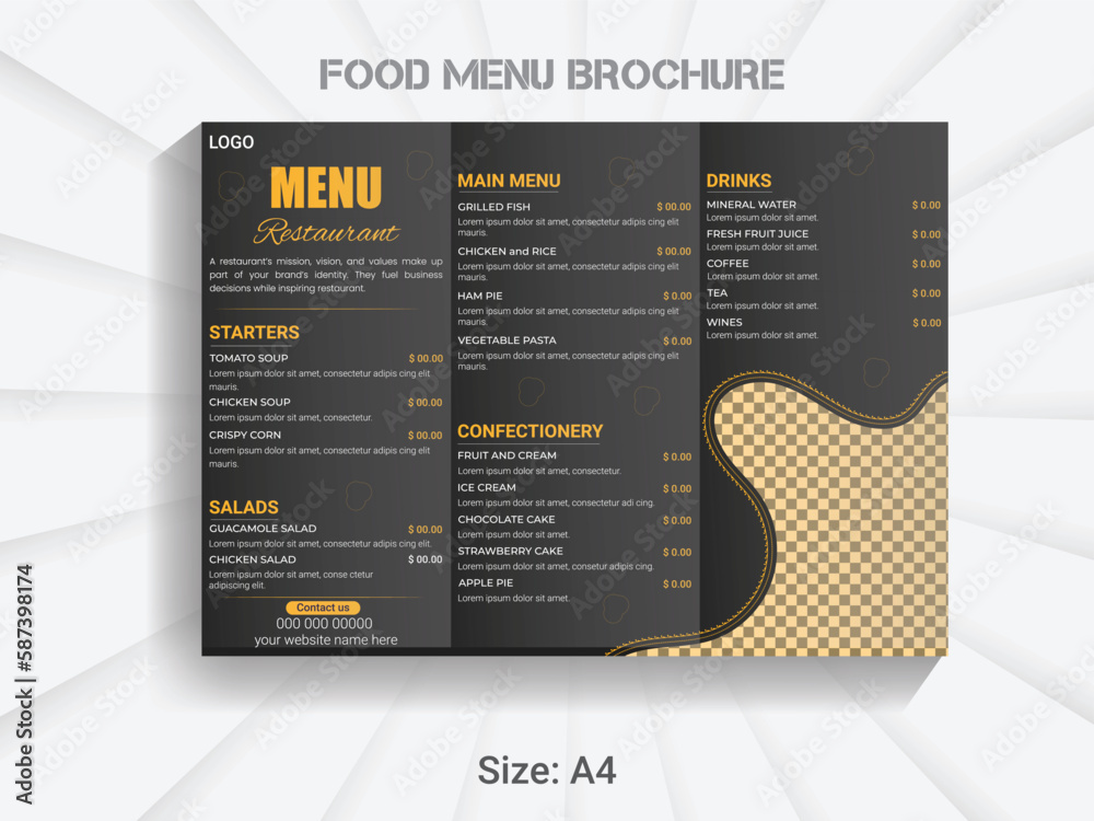 Vector de Stock A4 size trifold brochure food menu template. modern ...