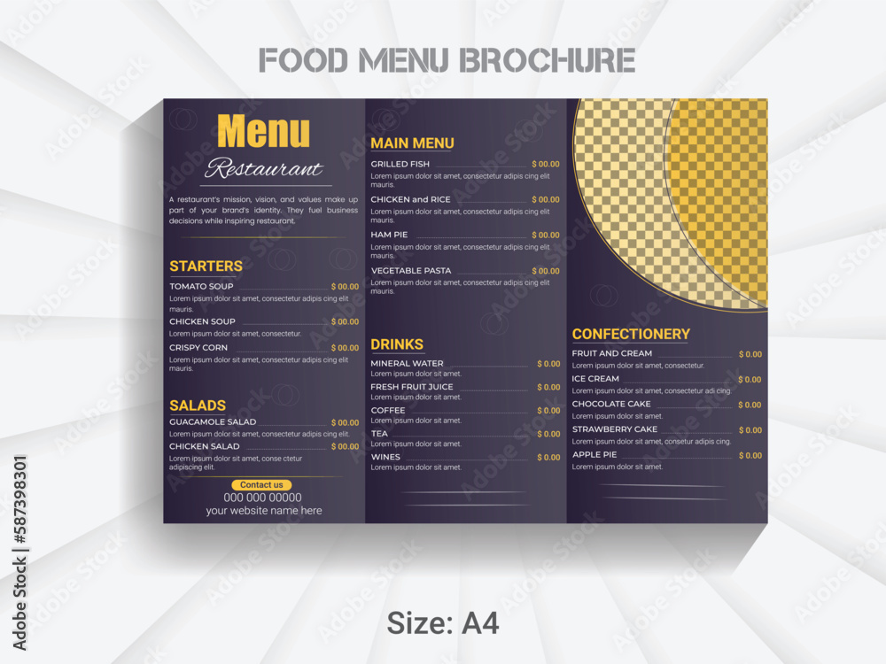 Vector de Stock A4 size trifold brochure food menu template. modern ...