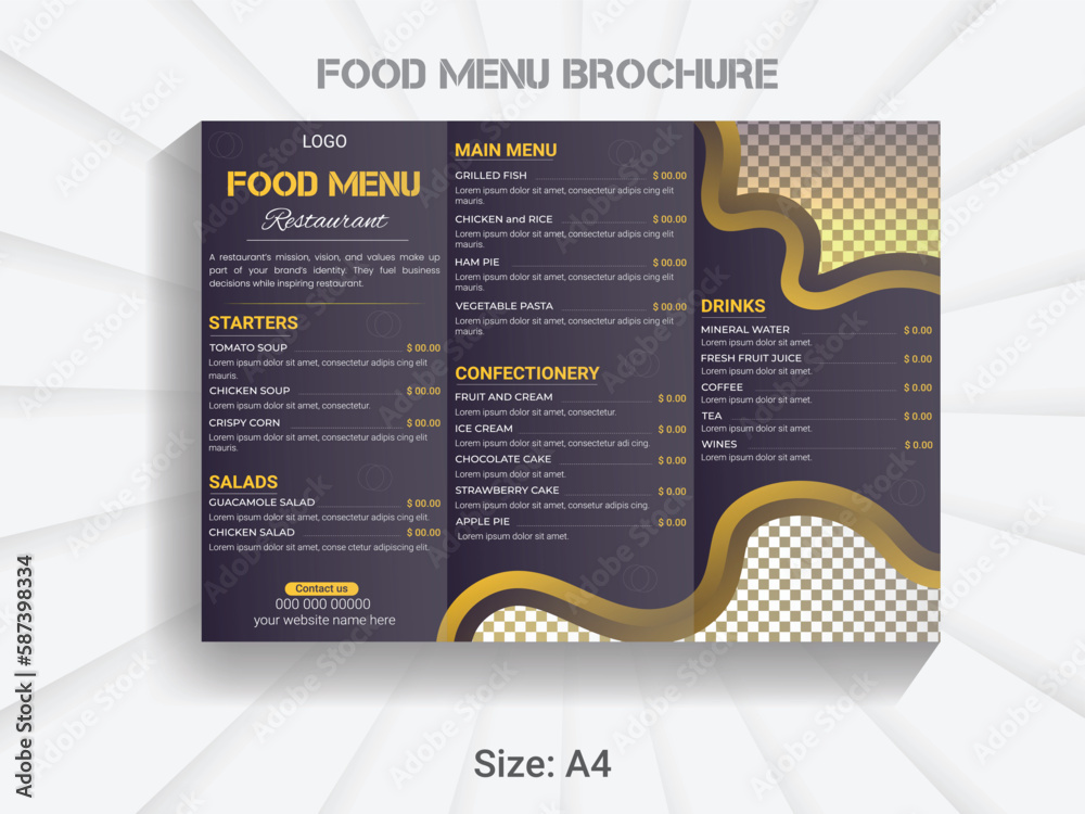 A4 size trifold brochure food menu template. modern vector restaurant ...