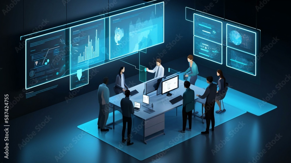 Depict teams of professionals working together using large interactive ...