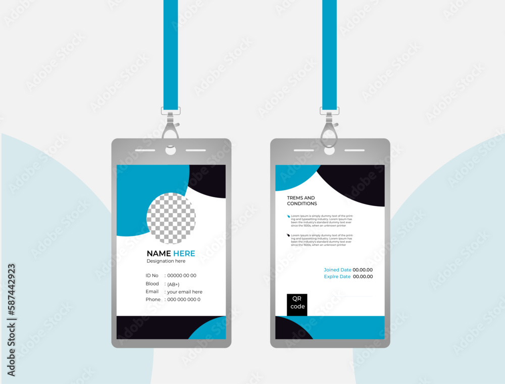 Vector id card template with clasp and lanyard. Blue and white color ...