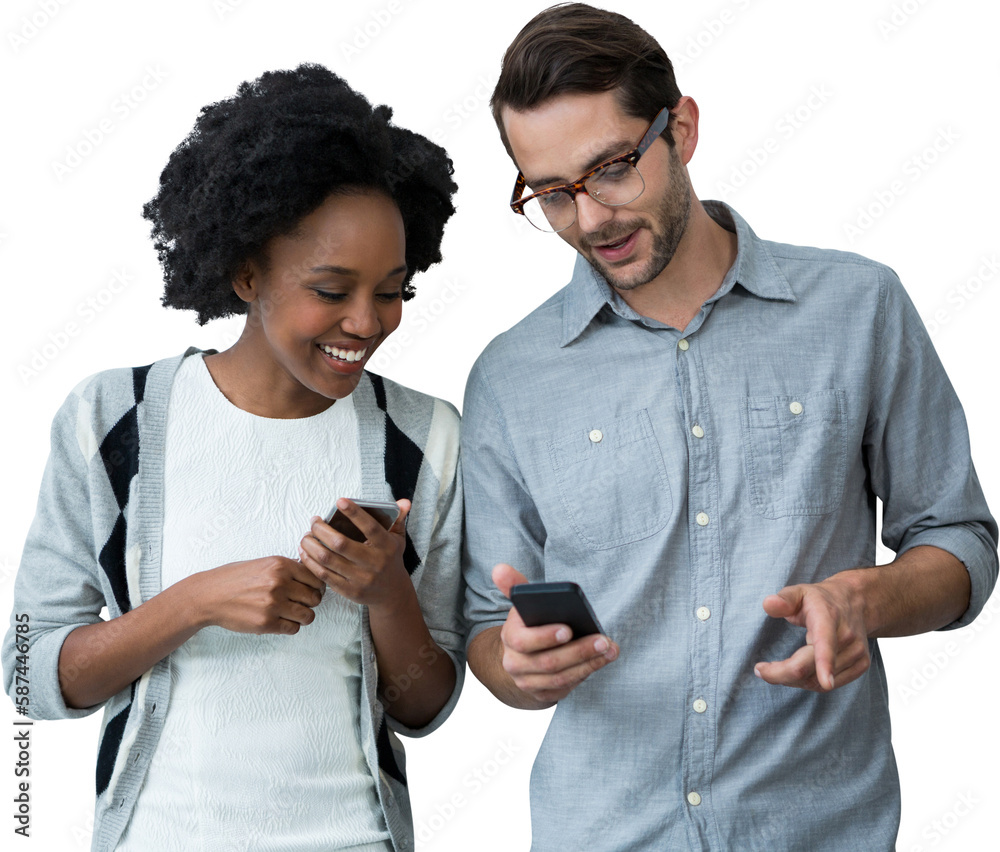 2 smiling peoples are using mobile phone Stock Photo | Adobe Stock