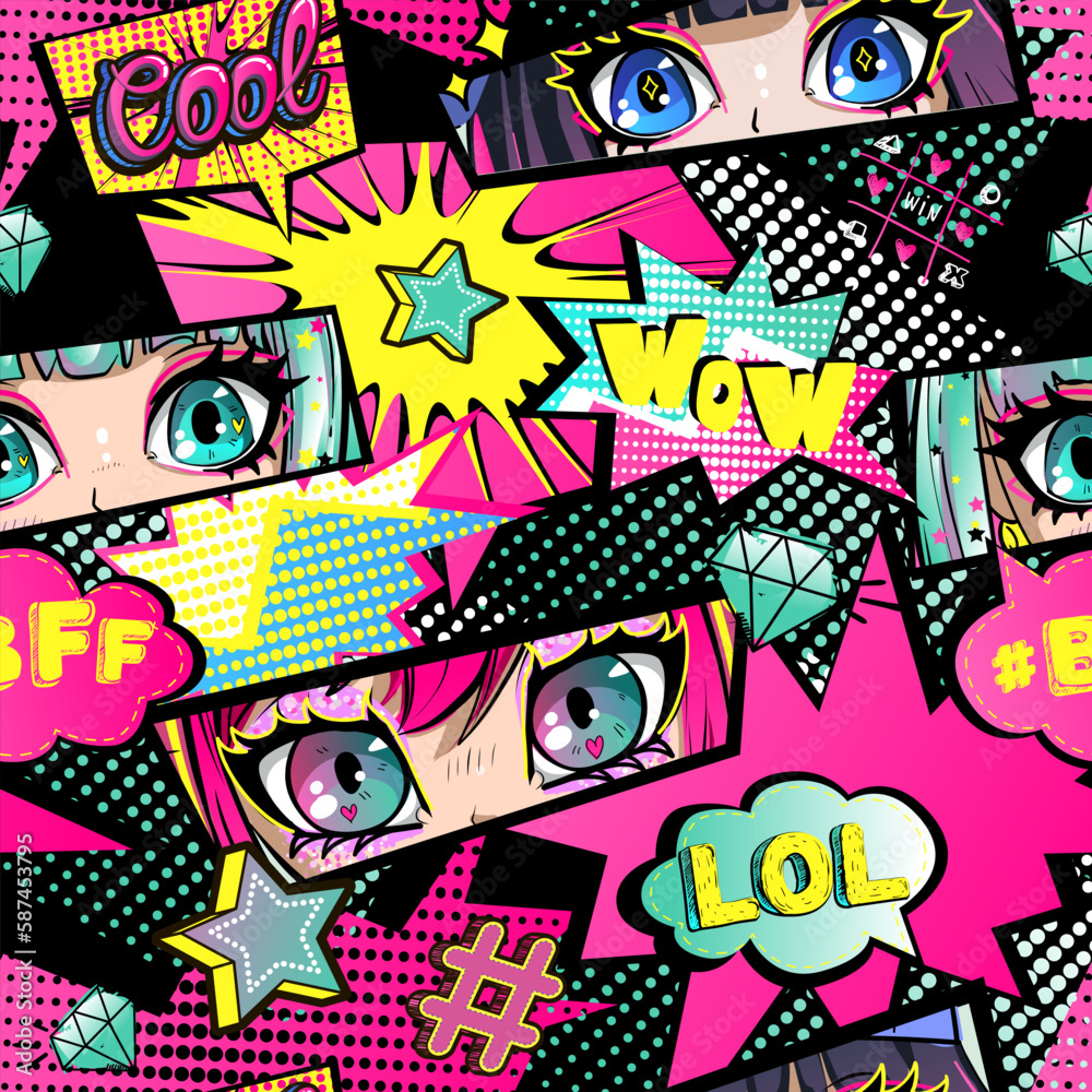 Seamless pattern with anime girl big eyes. Kawaii style repeat print ...