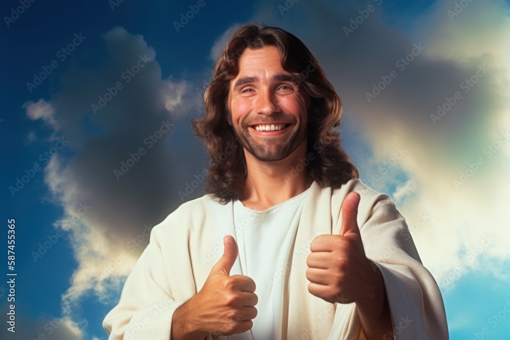 Jesus Christ with positive emotion and good mood. Thumb up. AI ...