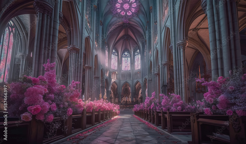Gothic cathedral with pink roses and purple lightning. Dark fantasy ...