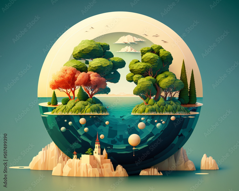Ai generated illustration of poly sphere terrarium paradise island ...